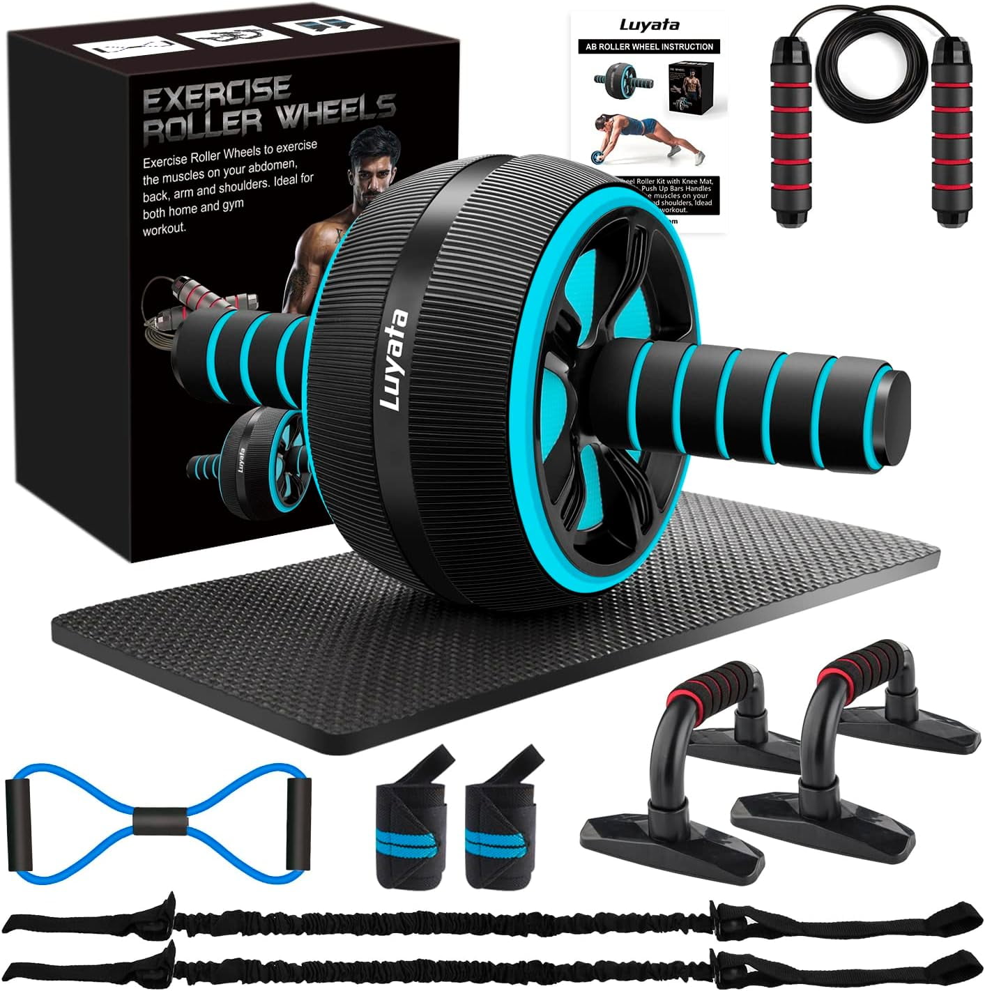 10-In-1 Ab Exercise Wheels Kit with Resistance Bands, Knee Mat, Jump ...