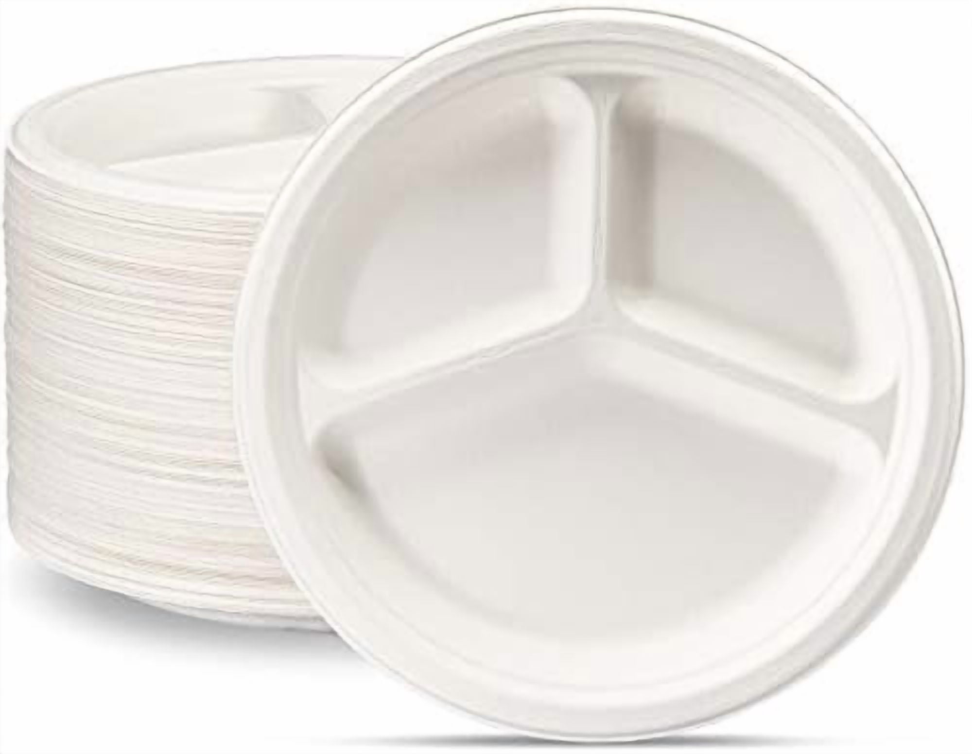 [10 Inch 3 Compartment Compostable Paper Plates - 125 Pack White Heavy ...