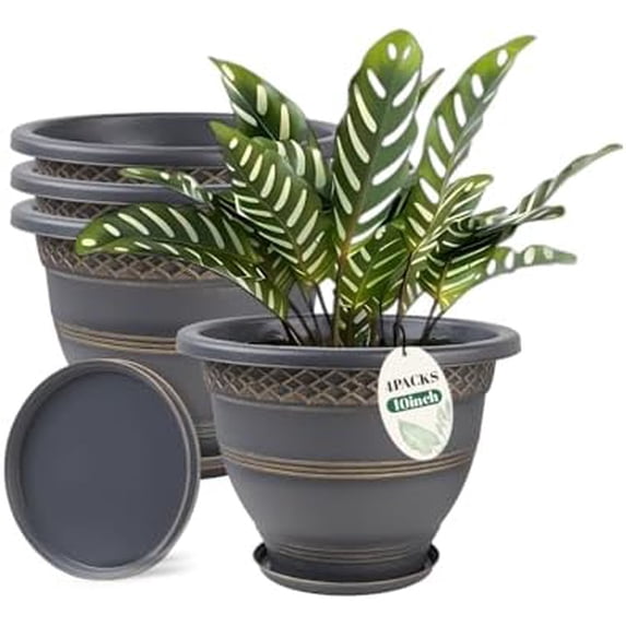 10 Inch 4 Pack Plant Pots, Plastic Flower Pot for Indoor & Outdoor with ...