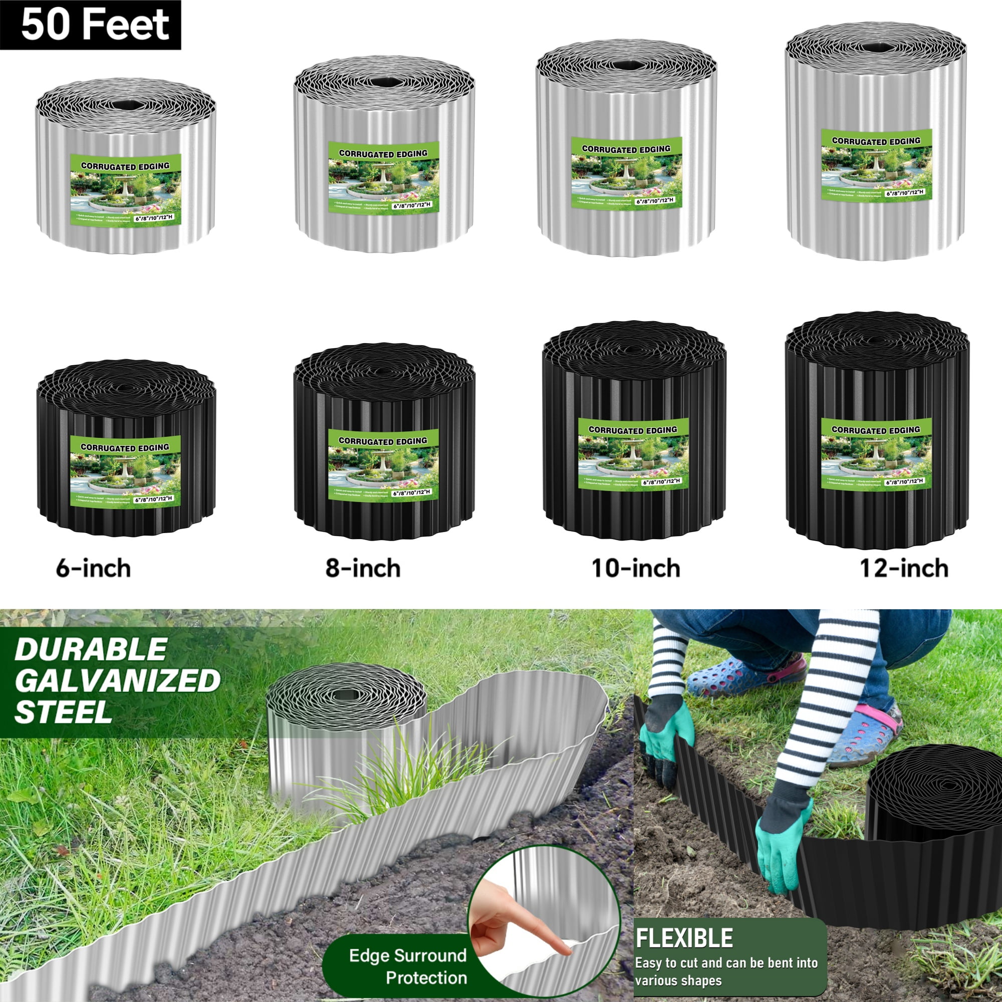 10 Inch 50 FT Garden Landscape Edging Border Galvanized Sturdy Metal ...