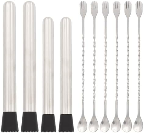 10 Inch & 8 Inch Stainless Steel Cocktail Muddler with 6 Mixing Spoon ...