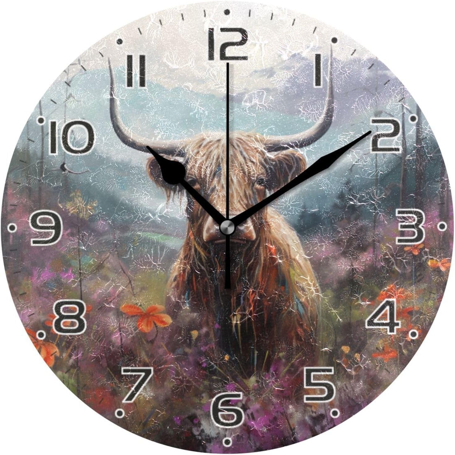 10 Inch Art Highland Cattle Clock Silent Round Wall Clock Non Ticking ...