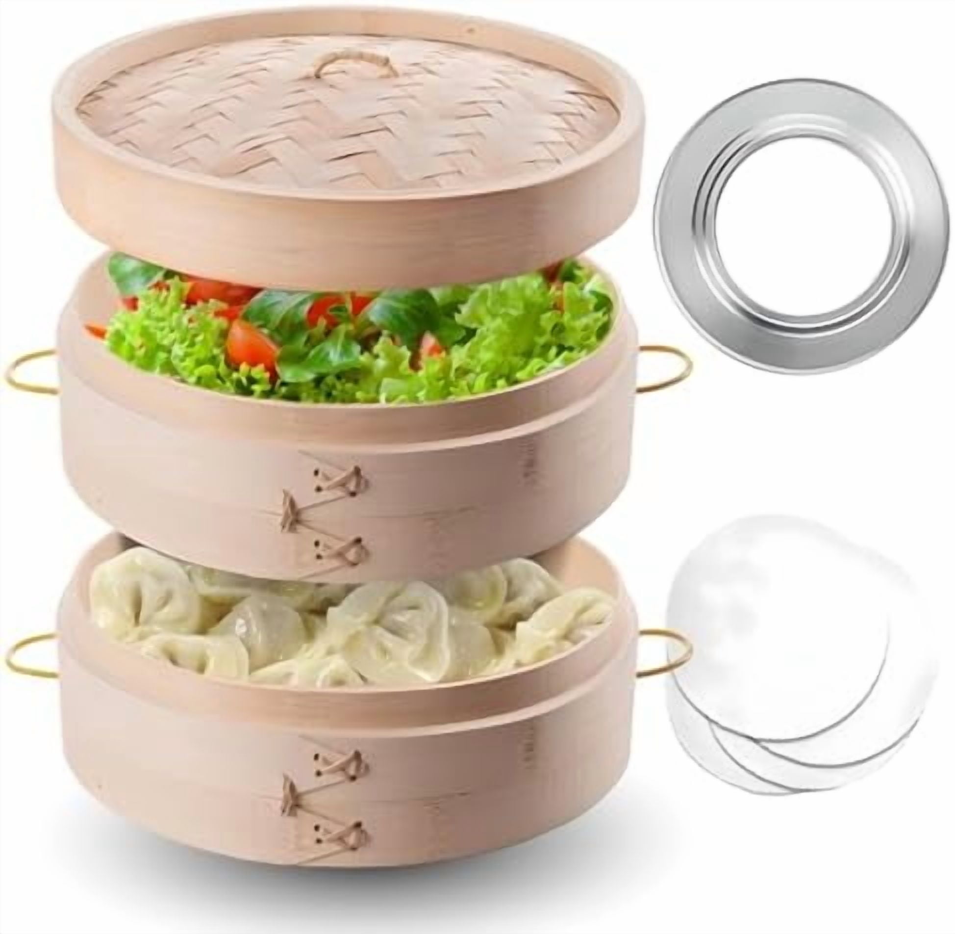 10 Inch Bamboo Steamer – 2 Tier Wooden Basket with Lid, Ring Adapter ...