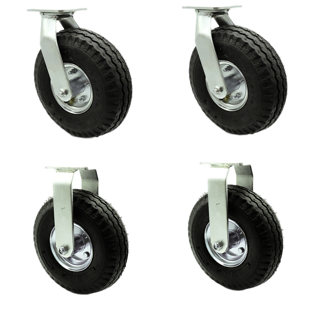 10 Inch Black Pneumatic Wheel Caster Set 2 Swivel 2 Rigid Service ...
