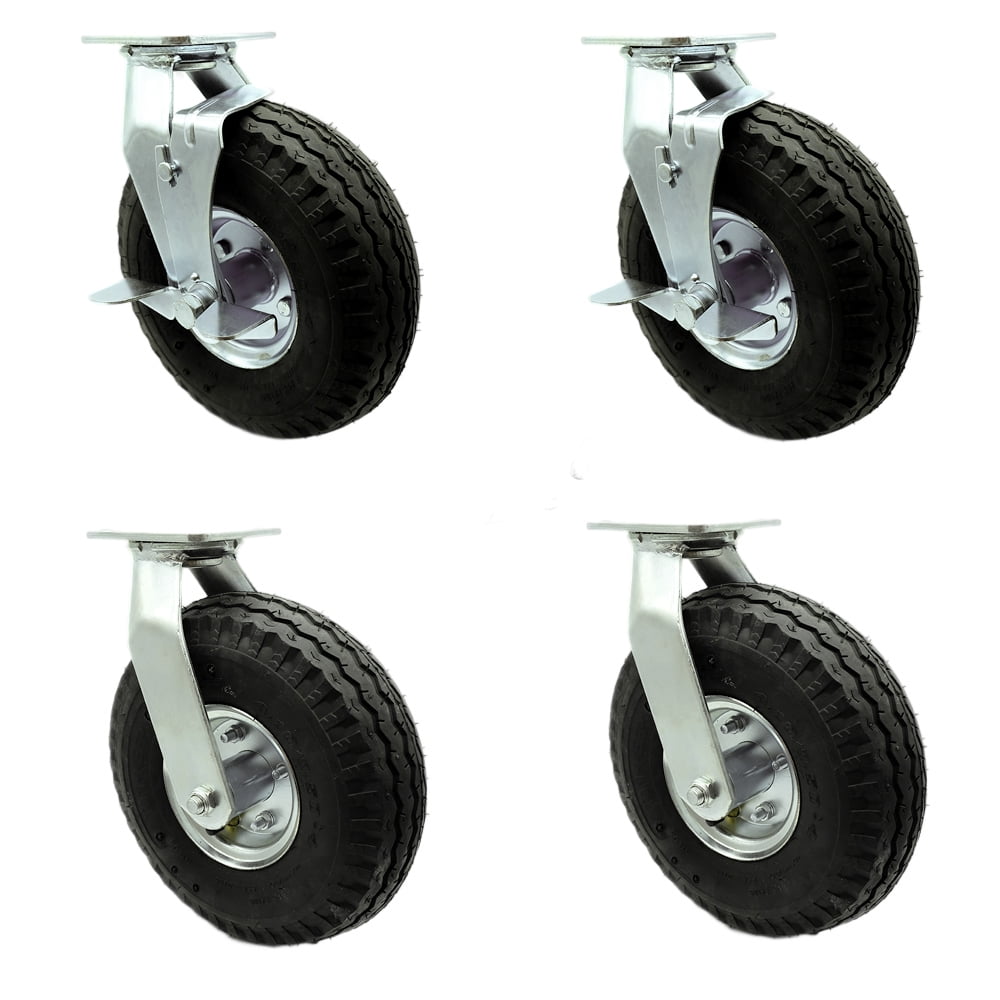 10 Inch Black Pneumatic Wheel Caster Set 4 Swivel with 2 Brakes Service ...