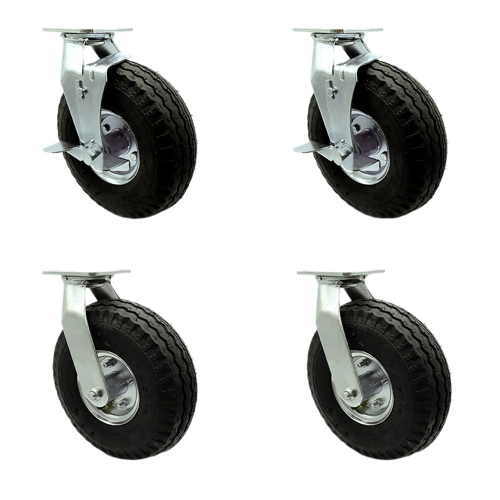 10 Inch Black Pneumatic Wheel Caster Set 4 Swivel with Swivel Locks 2 ...