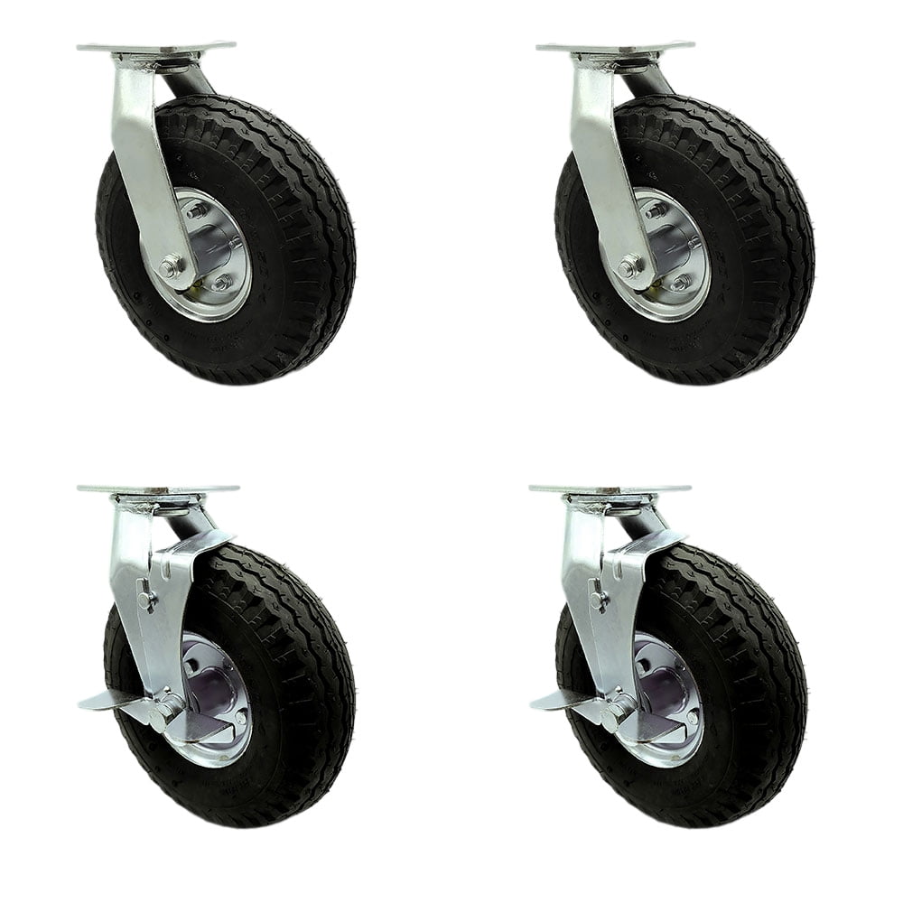 10 Inch Black Pneumatic Wheel Caster Set 4 Swivel with Swivel Locks 2 ...