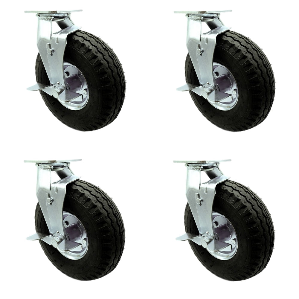 10 Inch Black Pneumatic Wheel Swivel Casters with Brakes Set Service ...