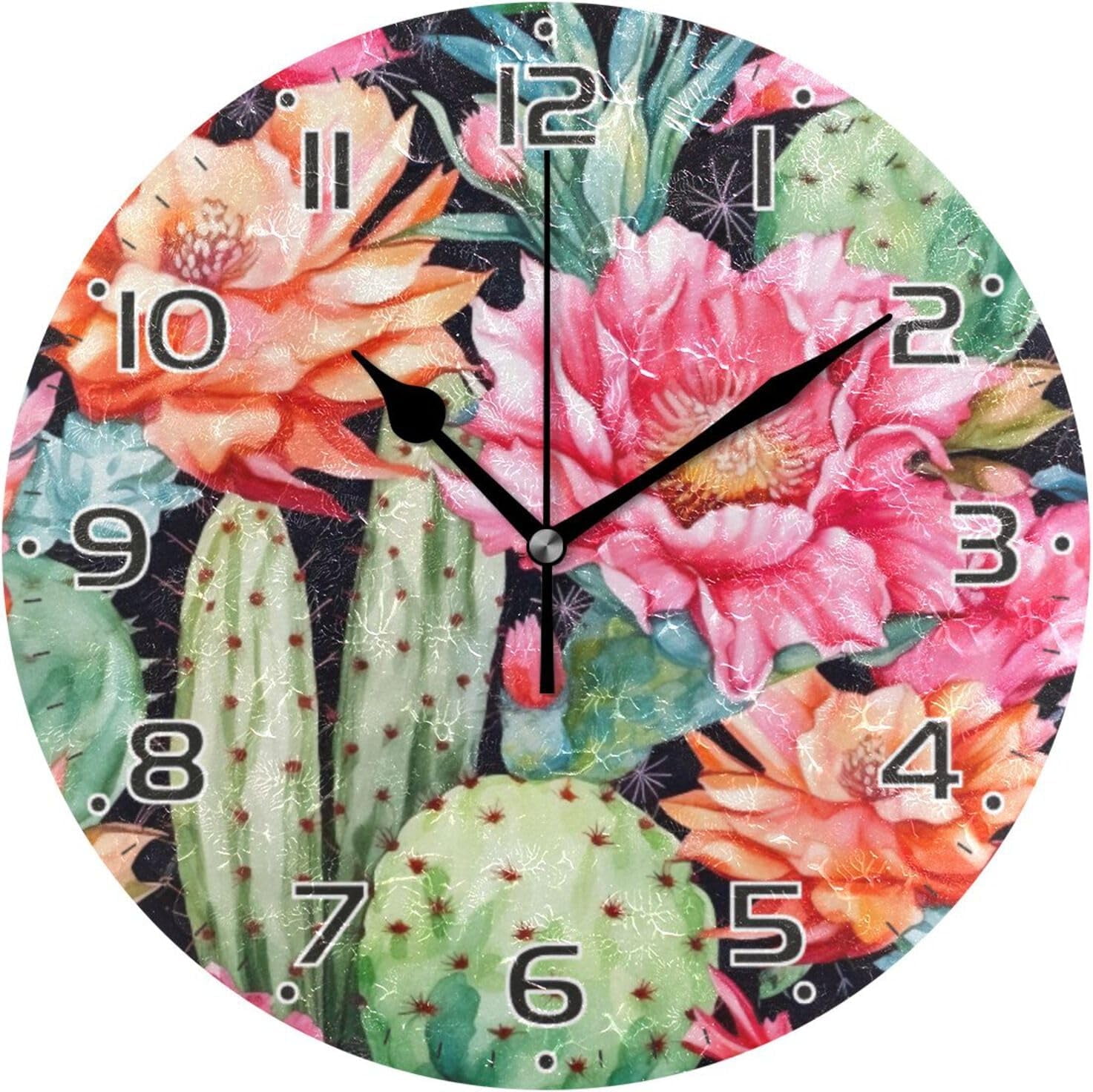 10 Inch Cactus Flowers Clock Silent Round Wall Clock Non Ticking ...