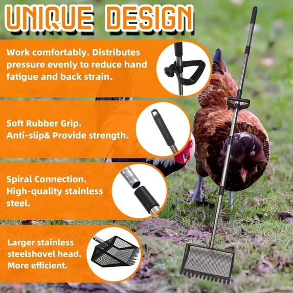 10 Inch Chicken Poop Scooper & Rake 2-in-1， Chicken Scooper for Poop ...