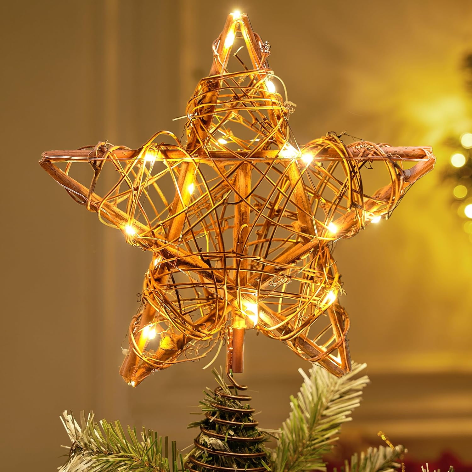 10 Inch Christmas Tree Toppers, 50 LED Rustic Rattan Star Tree Topper ...