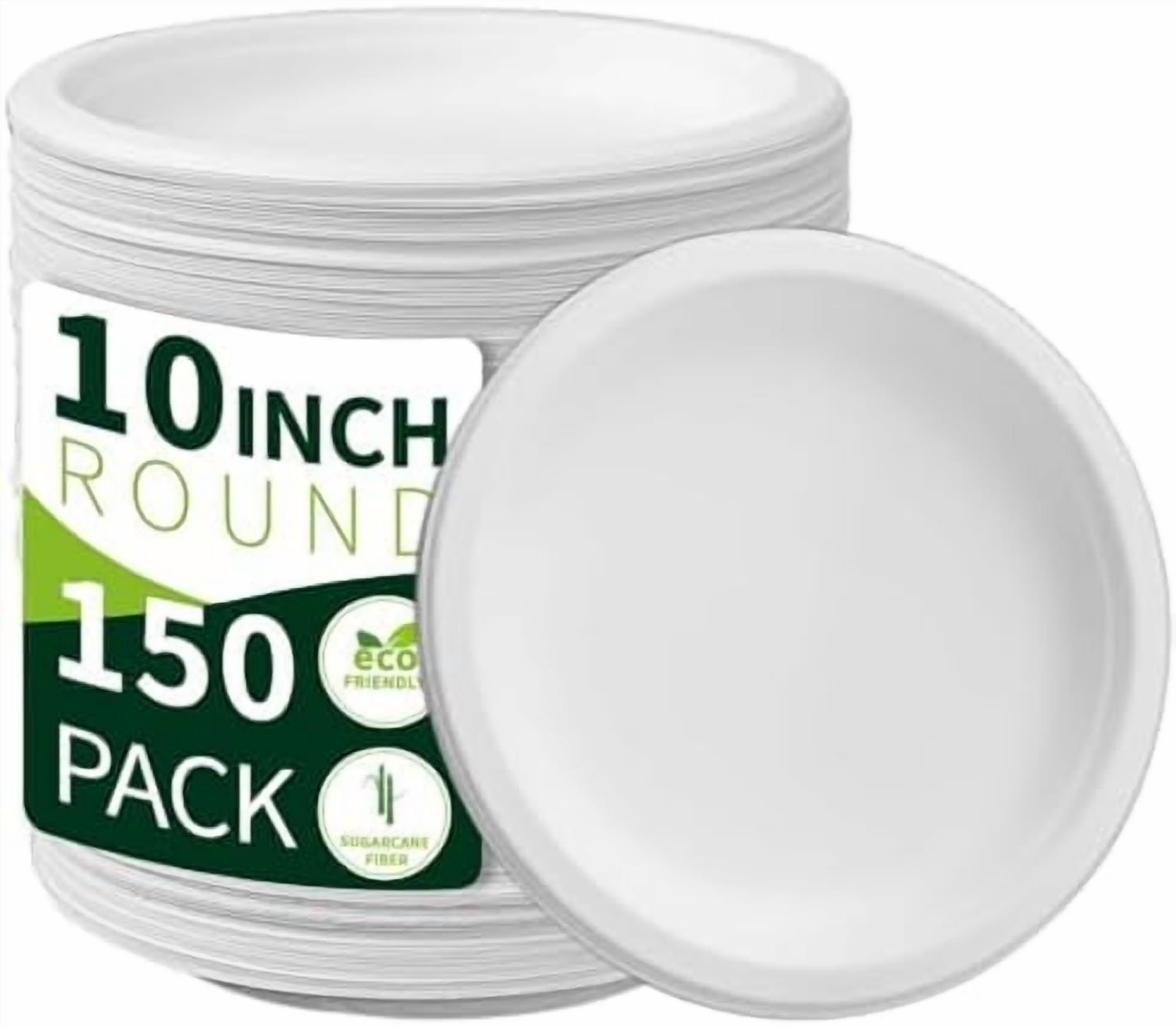 10 Inch Compostable Paper Plates【White 150 Pack】, 100% Sugarcane ...