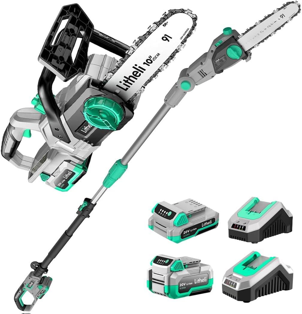 10-Inch Cordless Pole Saw and Chainsaw Set, 20V Battery-Powered with 2 ...