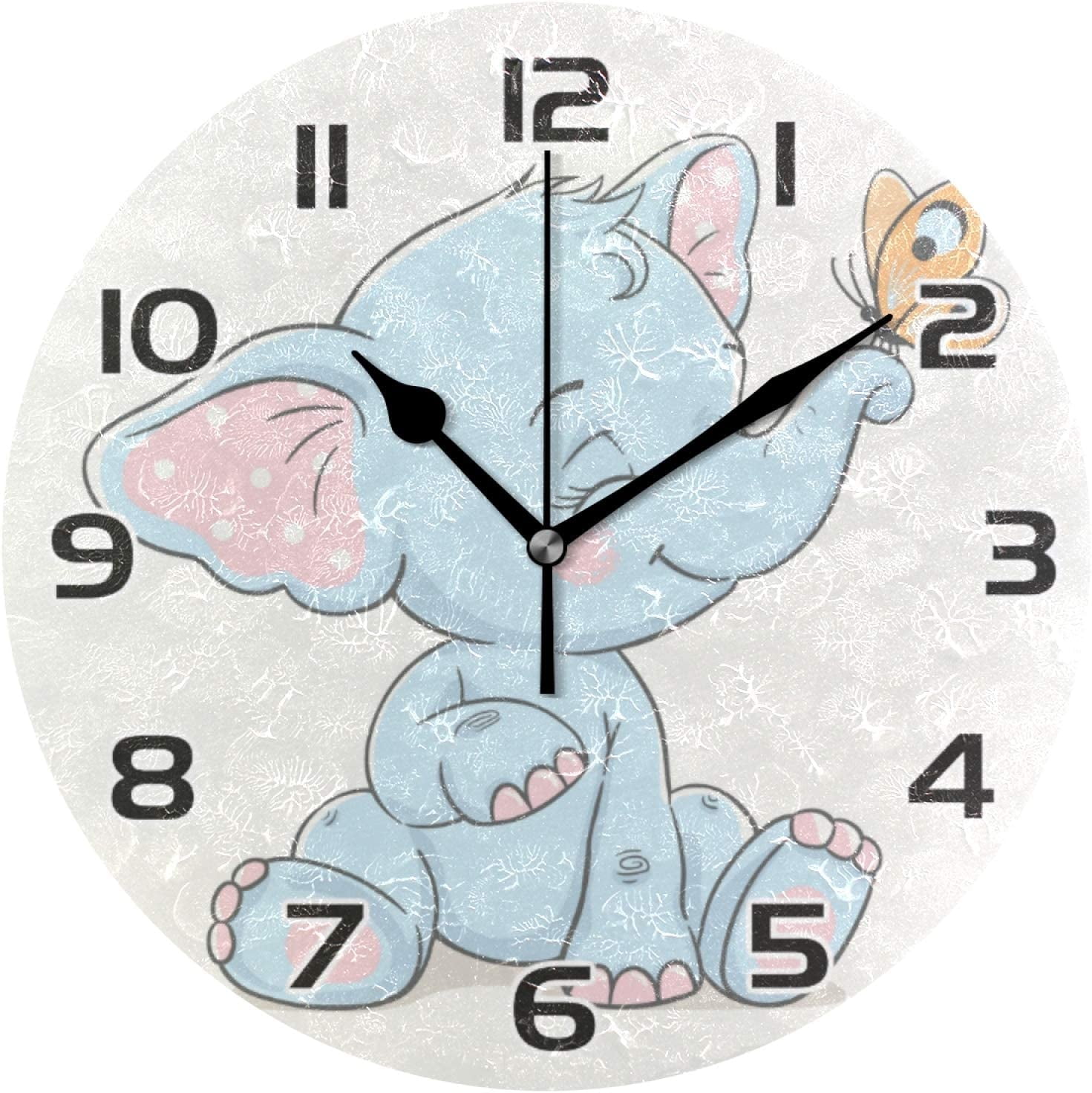 10 Inch Cute Elephant Clock Silent Round Wall Clock Non Ticking Battery Device Clocks Creative ...