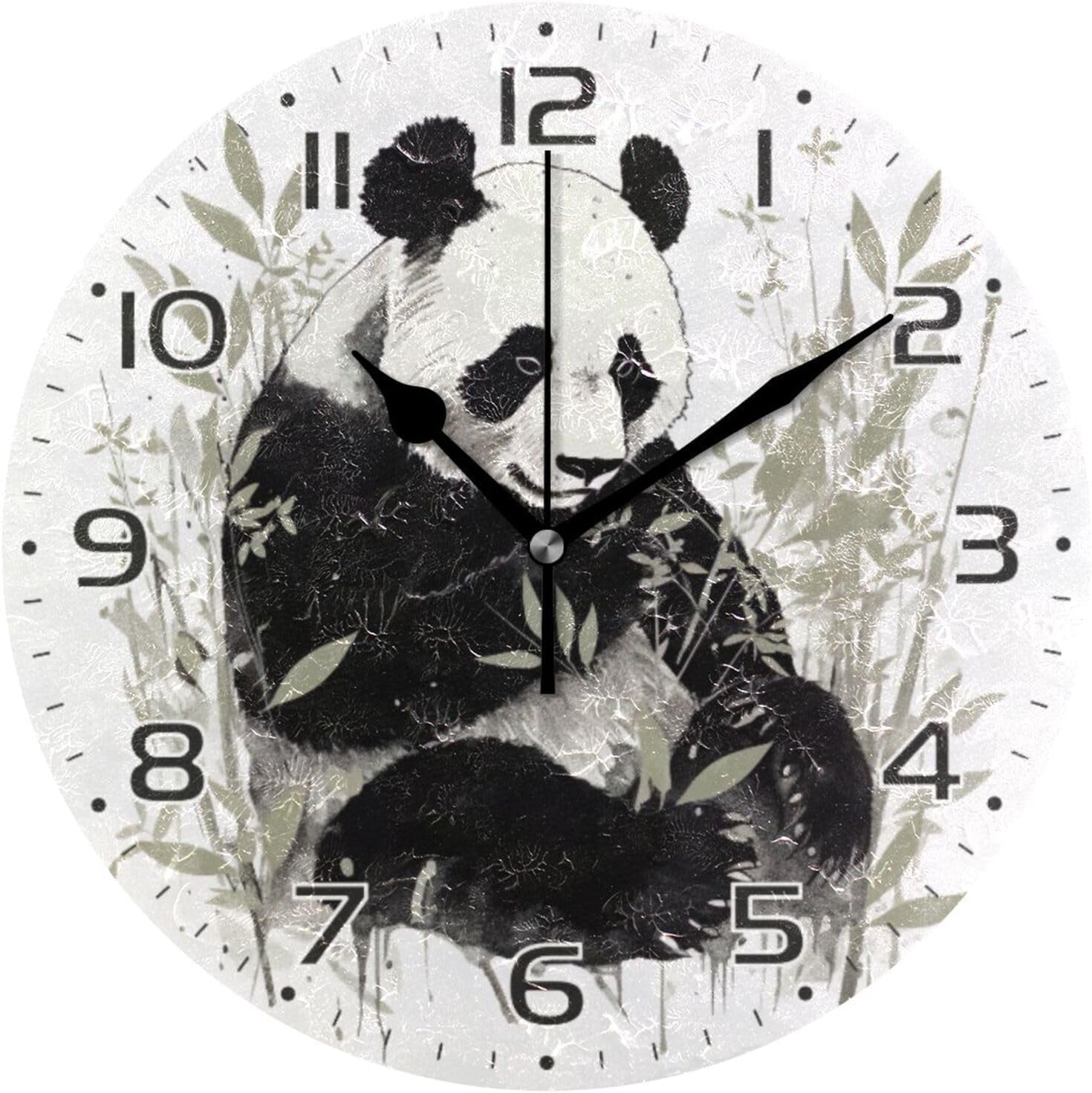 10 Inch Cute Panda Clock Silent Round Wall Clock Non Ticking Battery ...
