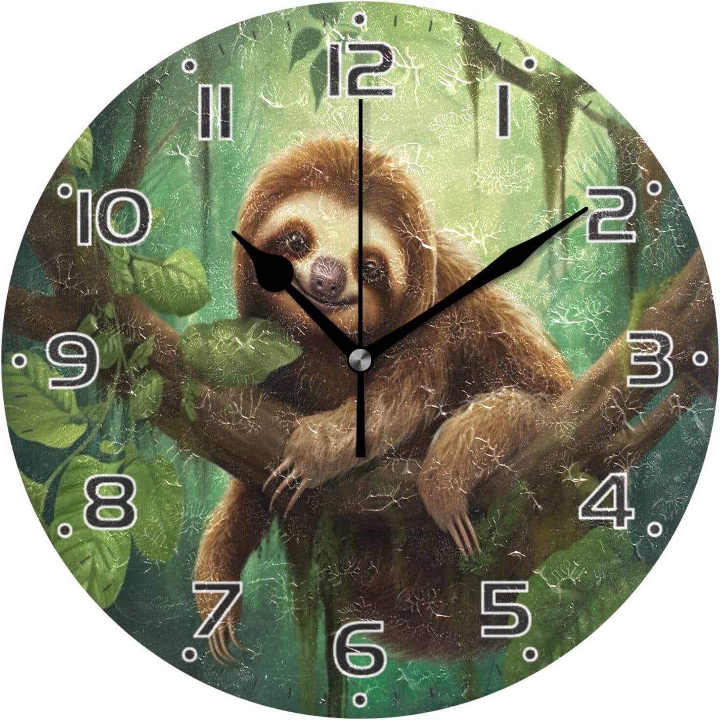 10 Inch Cute Sloth Clock Silent Round Wall Clock Non Ticking Battery ...