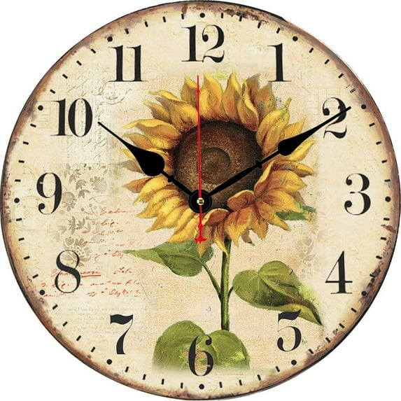 10-Inch Decorative Wall Clock Sunflower Design Wooden Round Silent ...