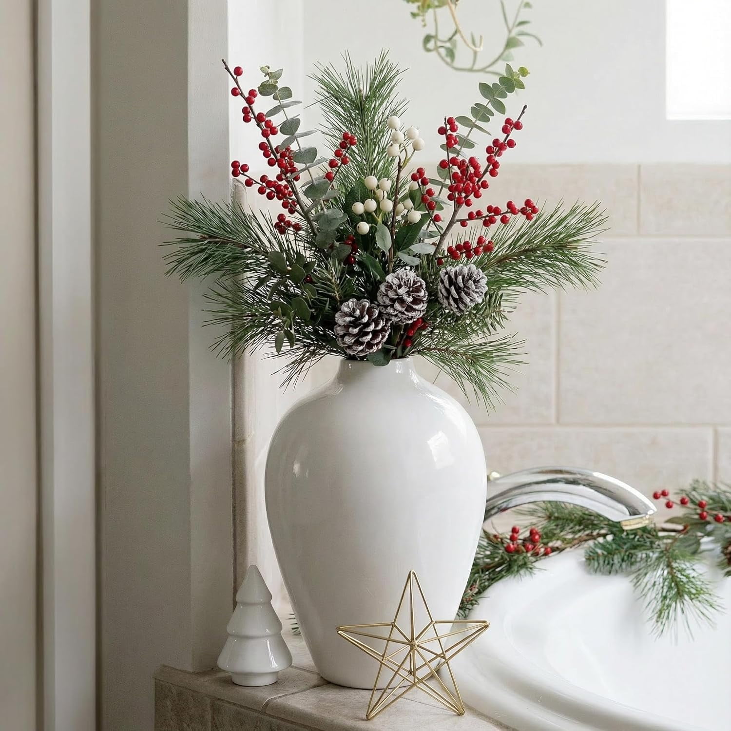 10 Inch Elegant Glossy Porcelain Vase - White Ceramic Vase, Large ...