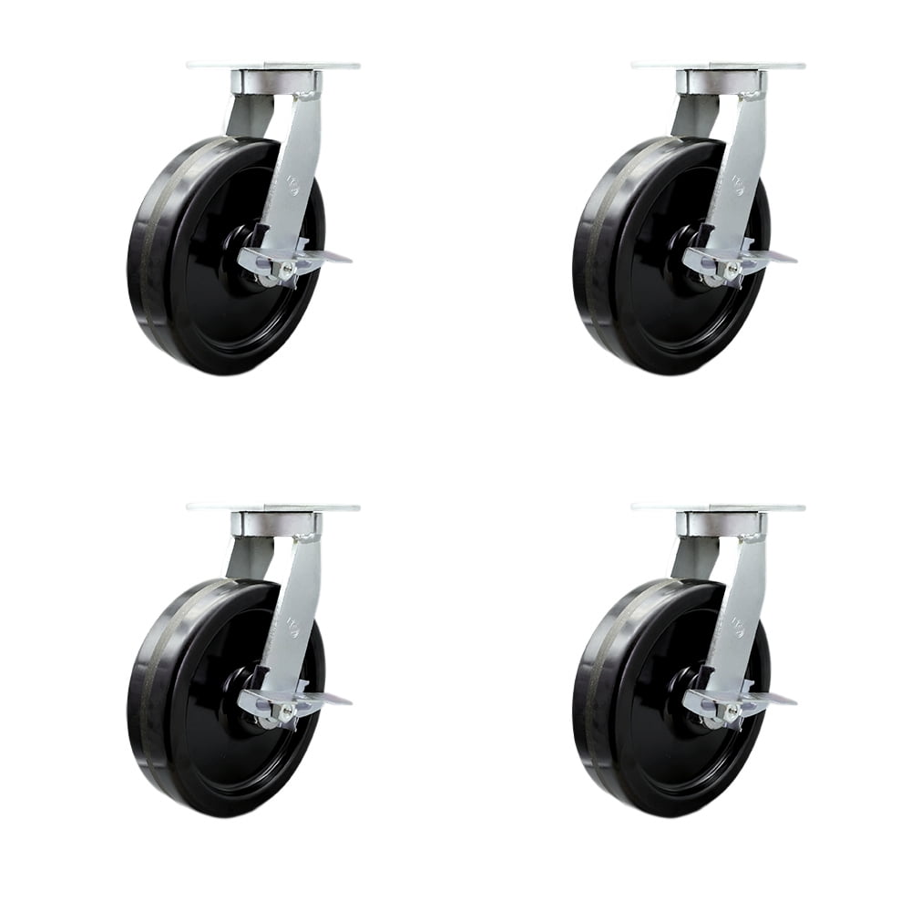 10 Inch Extra Heavy Duty Phenolic Wheel Caster Set 4 Brakes 2 Swivel ...