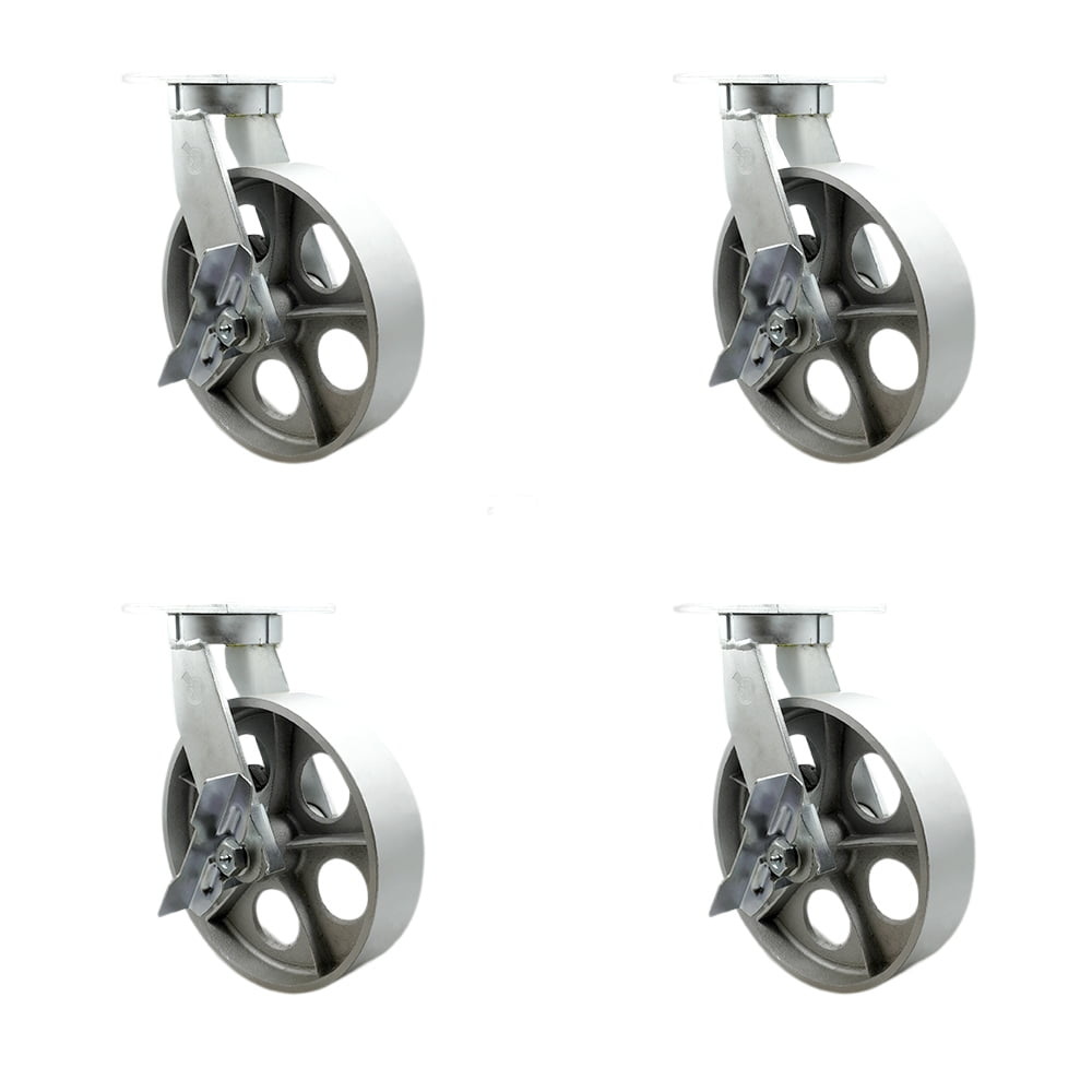 10 Inch Extra Heavy Duty Semi Steel Cast Iron Caster Set 4 Brakes 2 ...