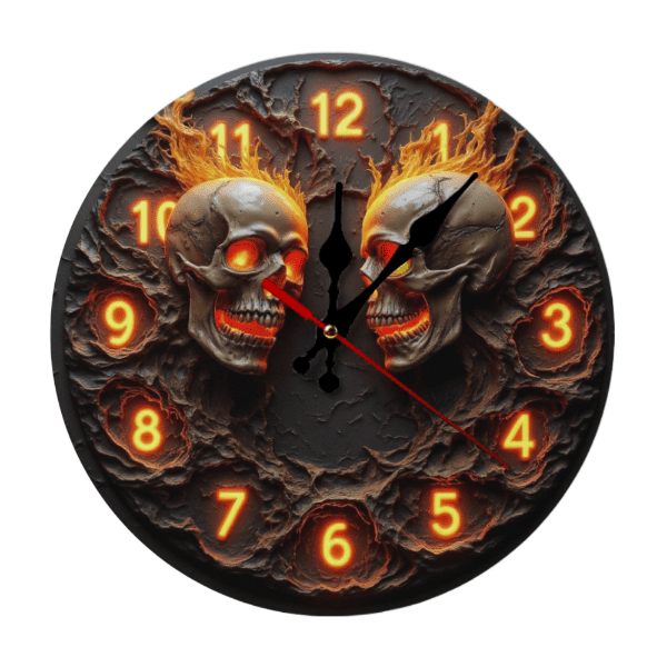 10-Inch Fire Skull Wooden Silent Wall Clock with Black Gothic Design ...