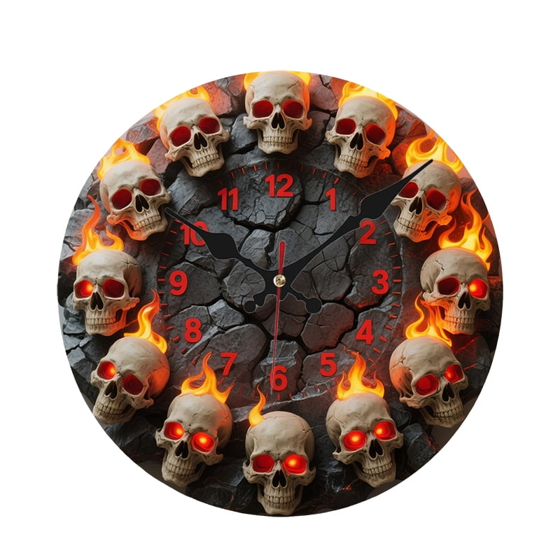 10-Inch Fire Skull Wooden Wall Clock with Japanese Quartz Movement ...