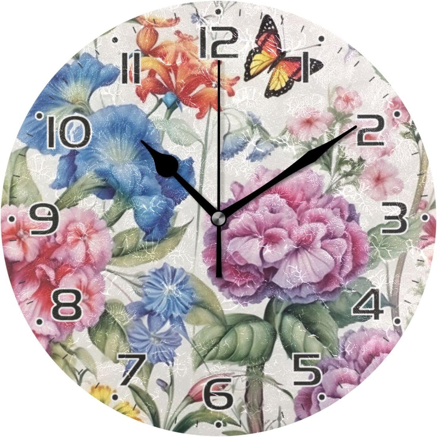 10 Inch Floral Clock Silent Round Wall Clock Non Ticking Battery Device ...