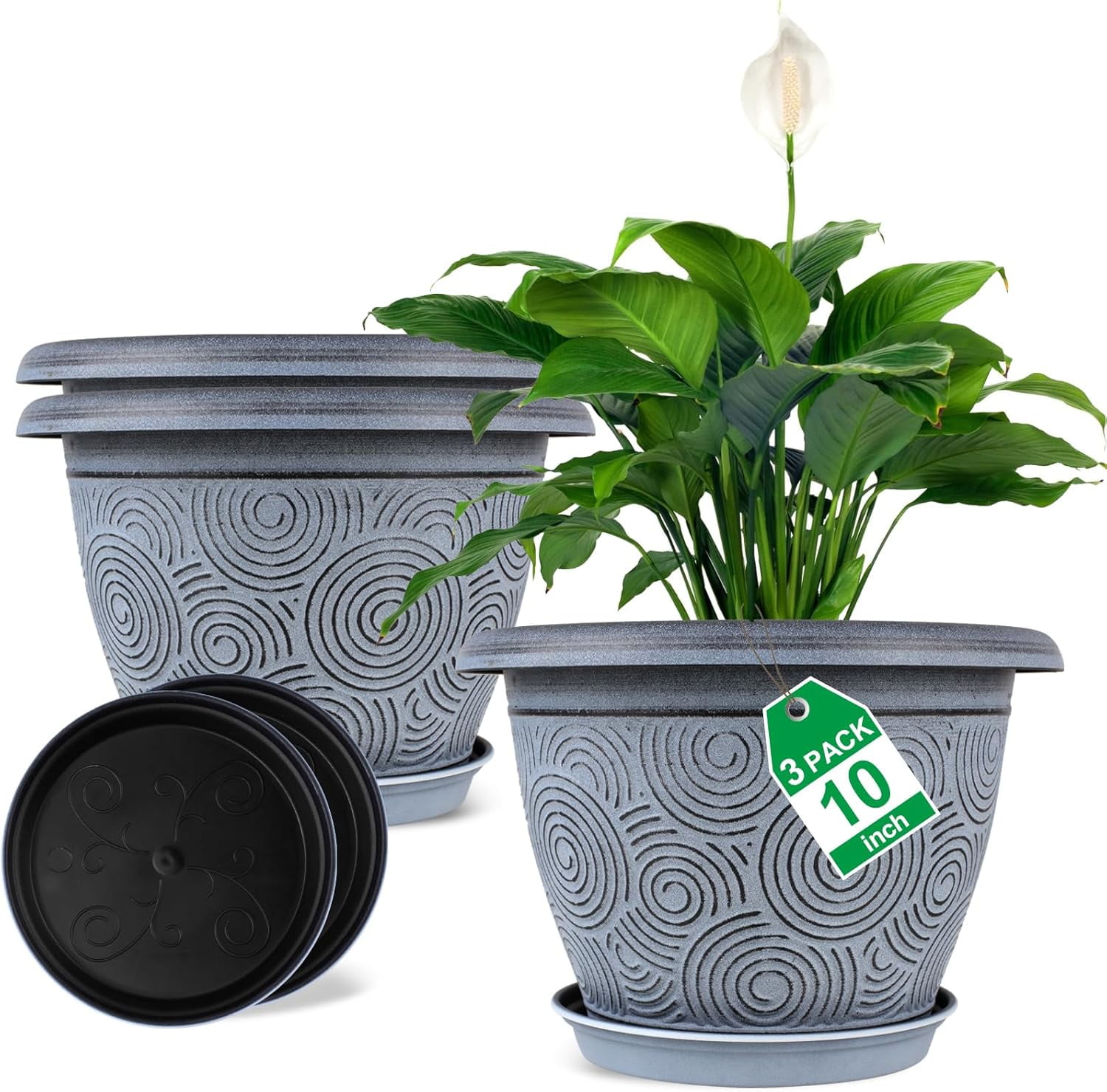 10 Inch Flower Pots Planters for Indoor Outdoor Plants, 3 Pack Plastic ...