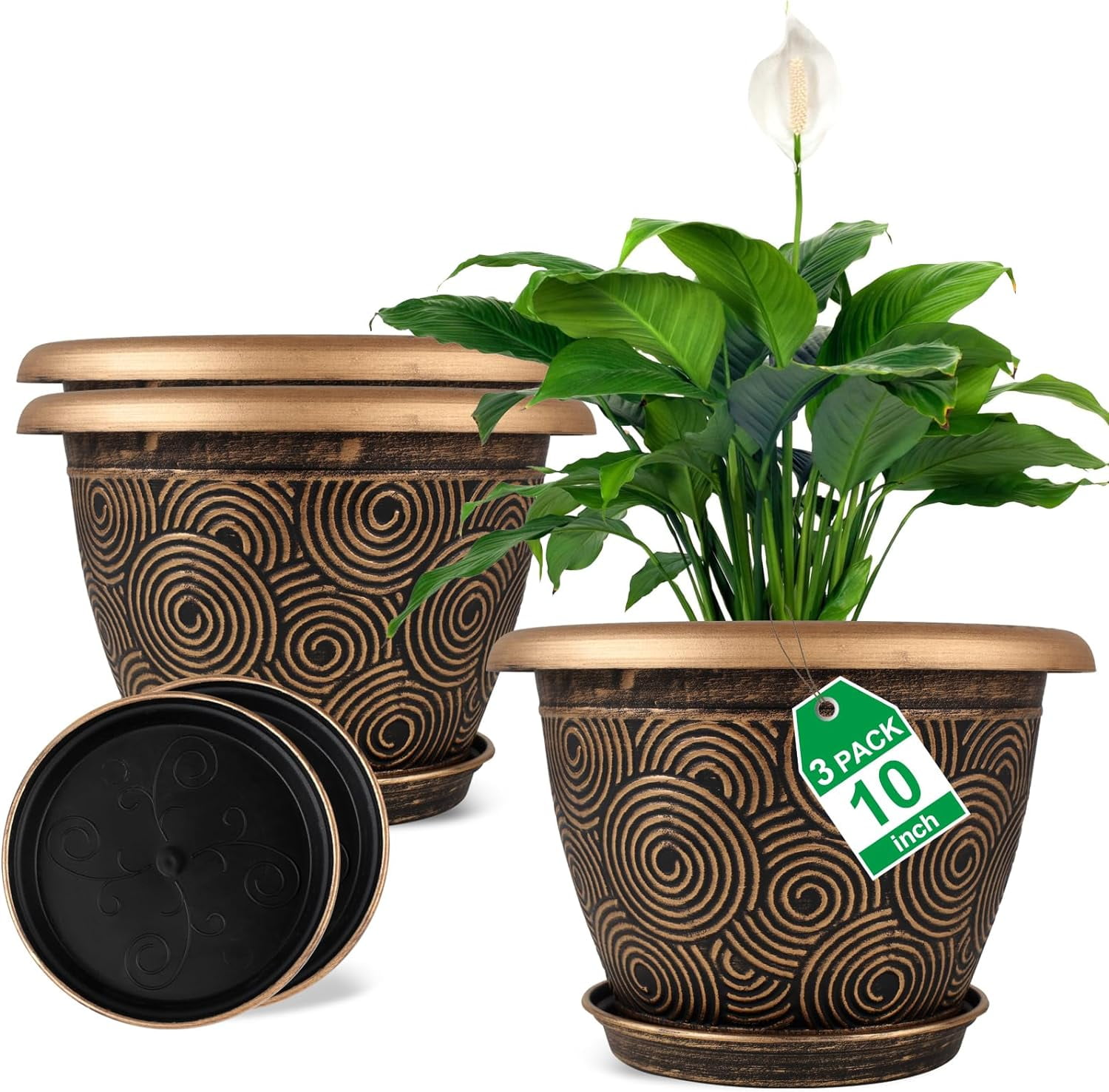 10 Inch Flower Pots Planters for Indoor Outdoor Plants, 3 Pack Plastic ...