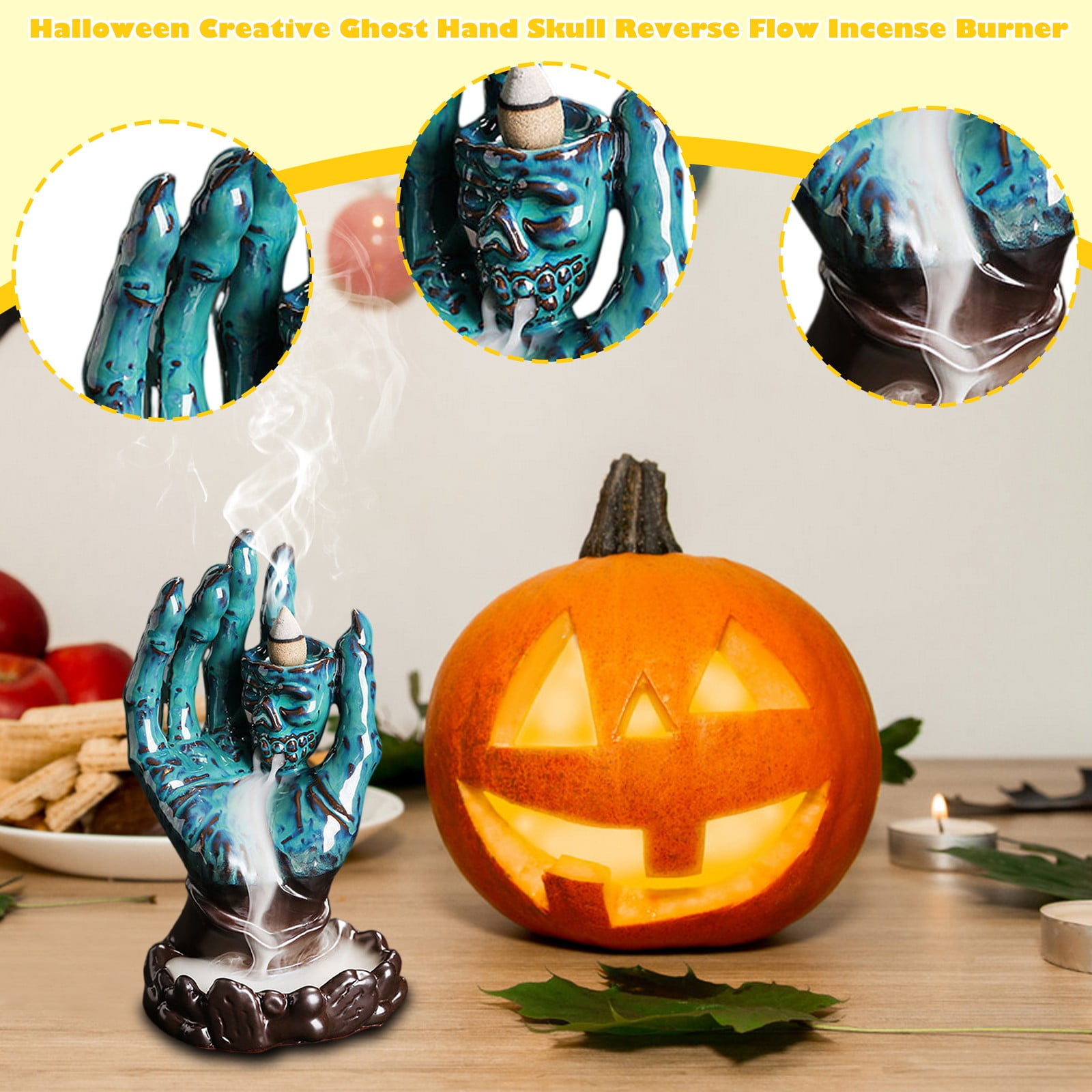 10 Inch Halloween Ghost Hand Skull Head Reverse Flow Incense Burner ...
