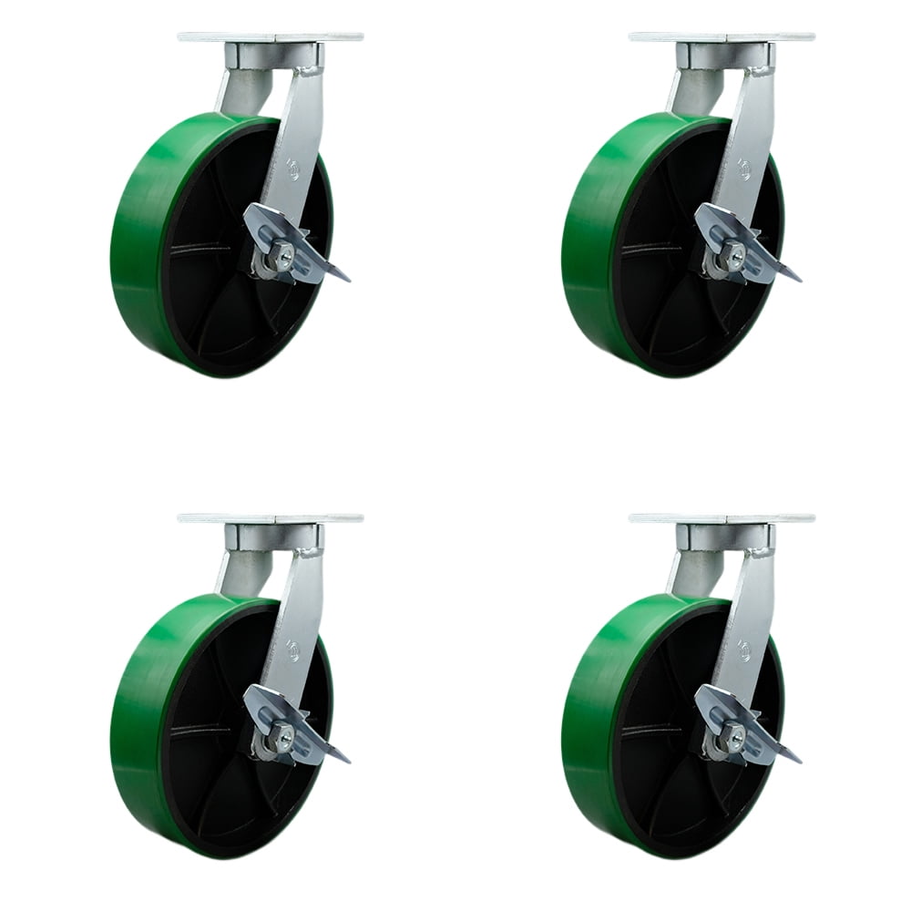 10 Inch Heavy Duty Green Poly on Cast Iron Caster Set with Brake and ...