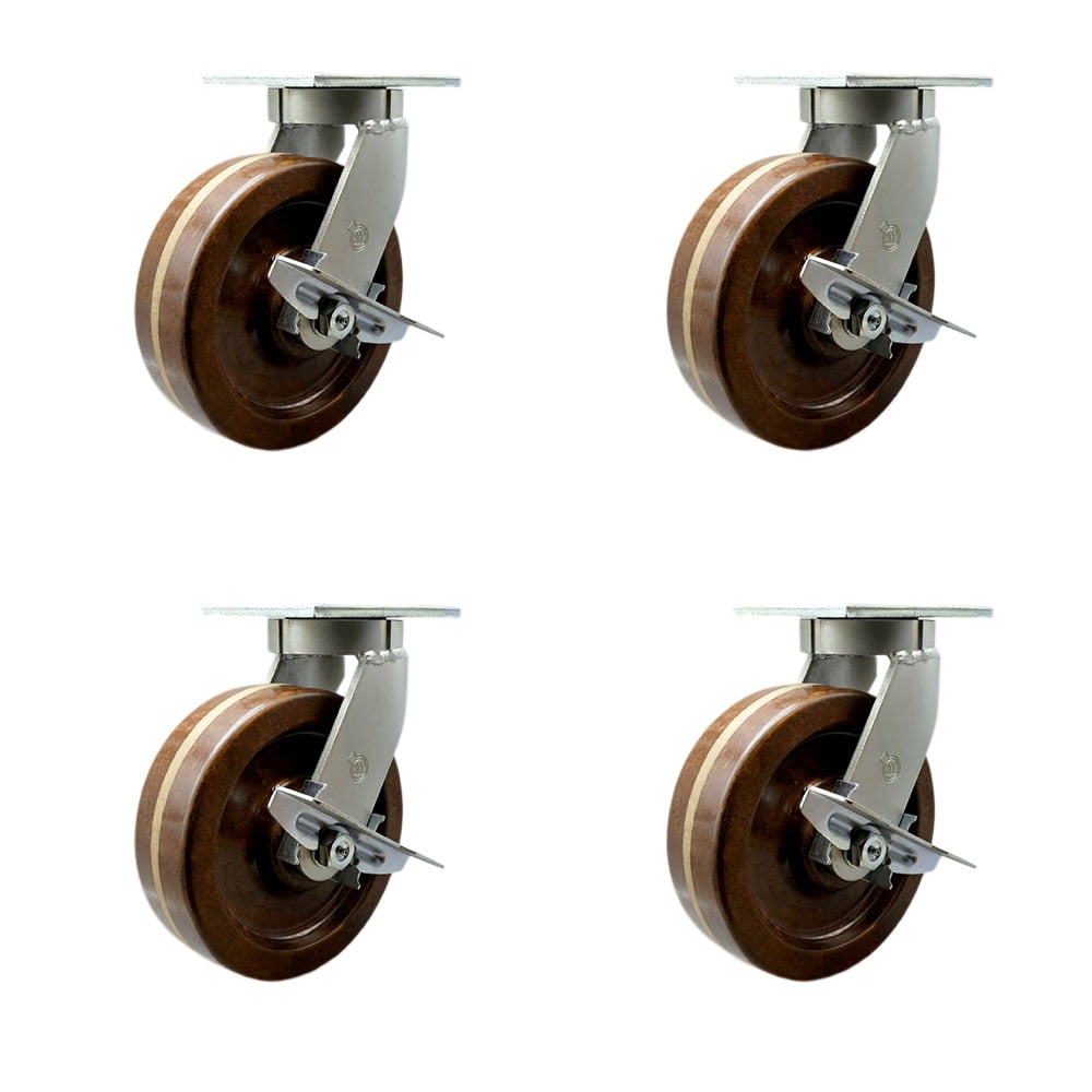 10 Inch Heavy Duty High Temp Phenolic Caster Set 4 Brakes 2 Swivel ...