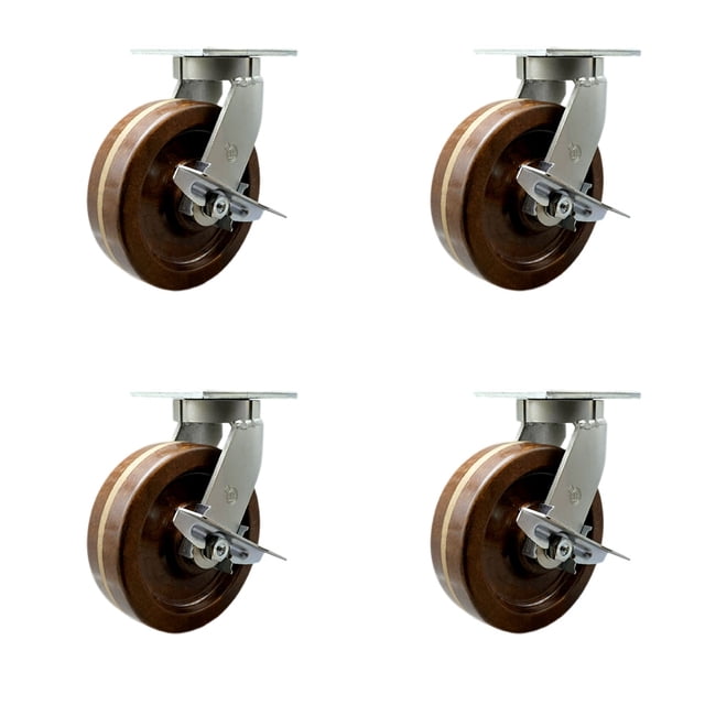 10 Inch Heavy Duty High Temp Phenolic Caster Set 4 Brakes 2 Swivel ...