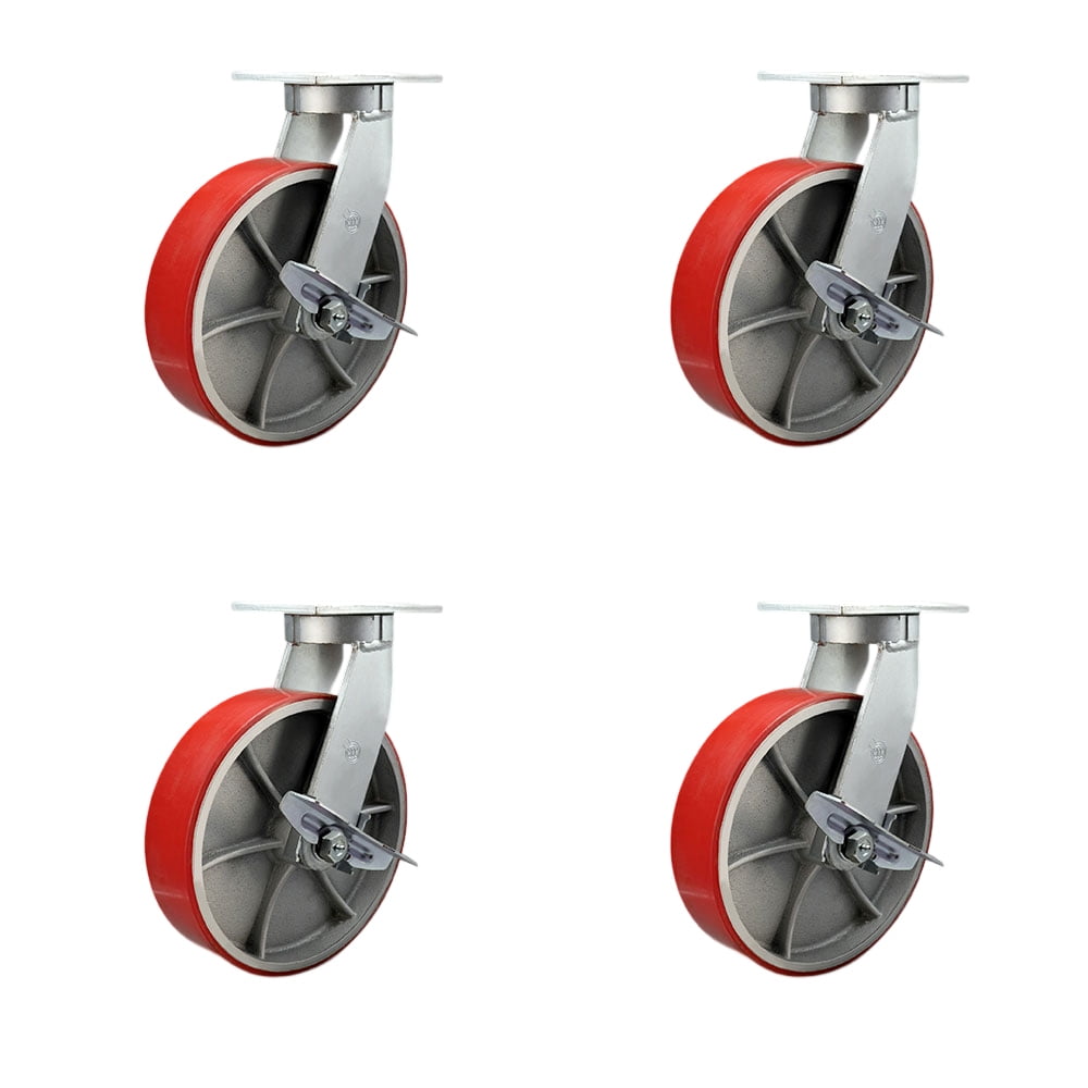 10 Inch Heavy Duty Red Poly on Cast Iron Caster Set 4 Brakes 2 Swivel ...