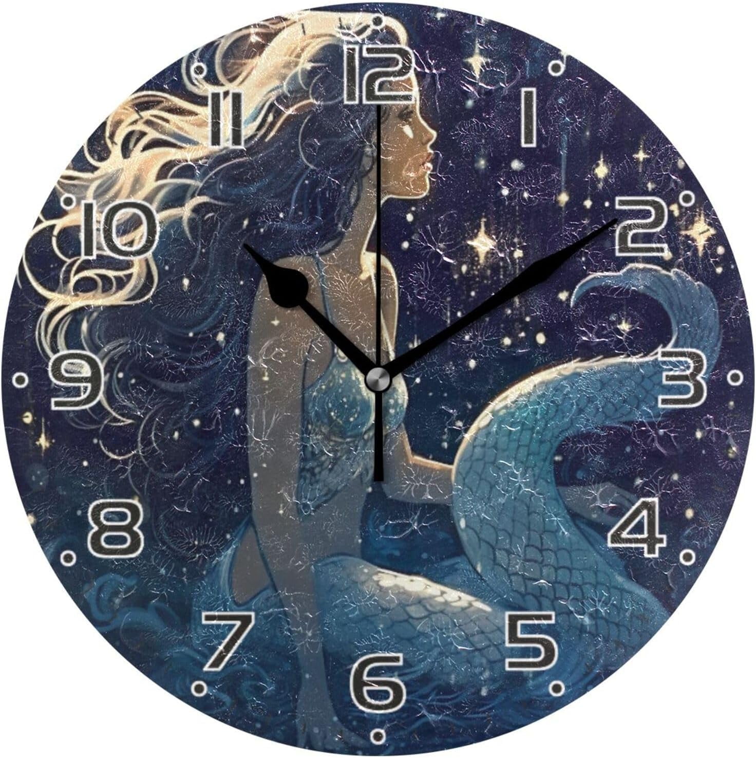 10 Inch Mermaid Girl Clock Silent Round Wall Clock Non Ticking Battery ...