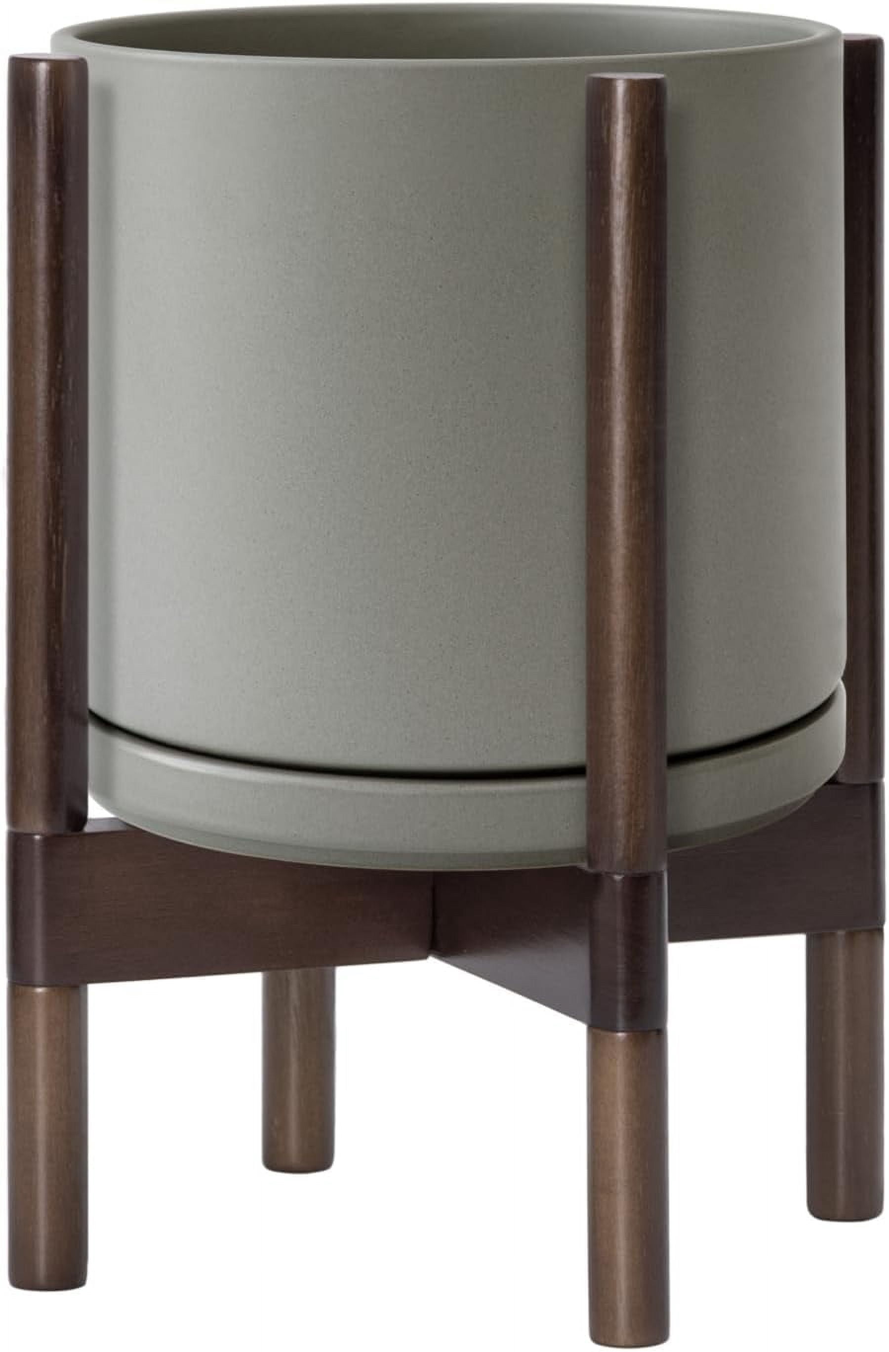 10 Inch Modern Round Ceramic Flower Pot with Grey Wood Planter Holder ...