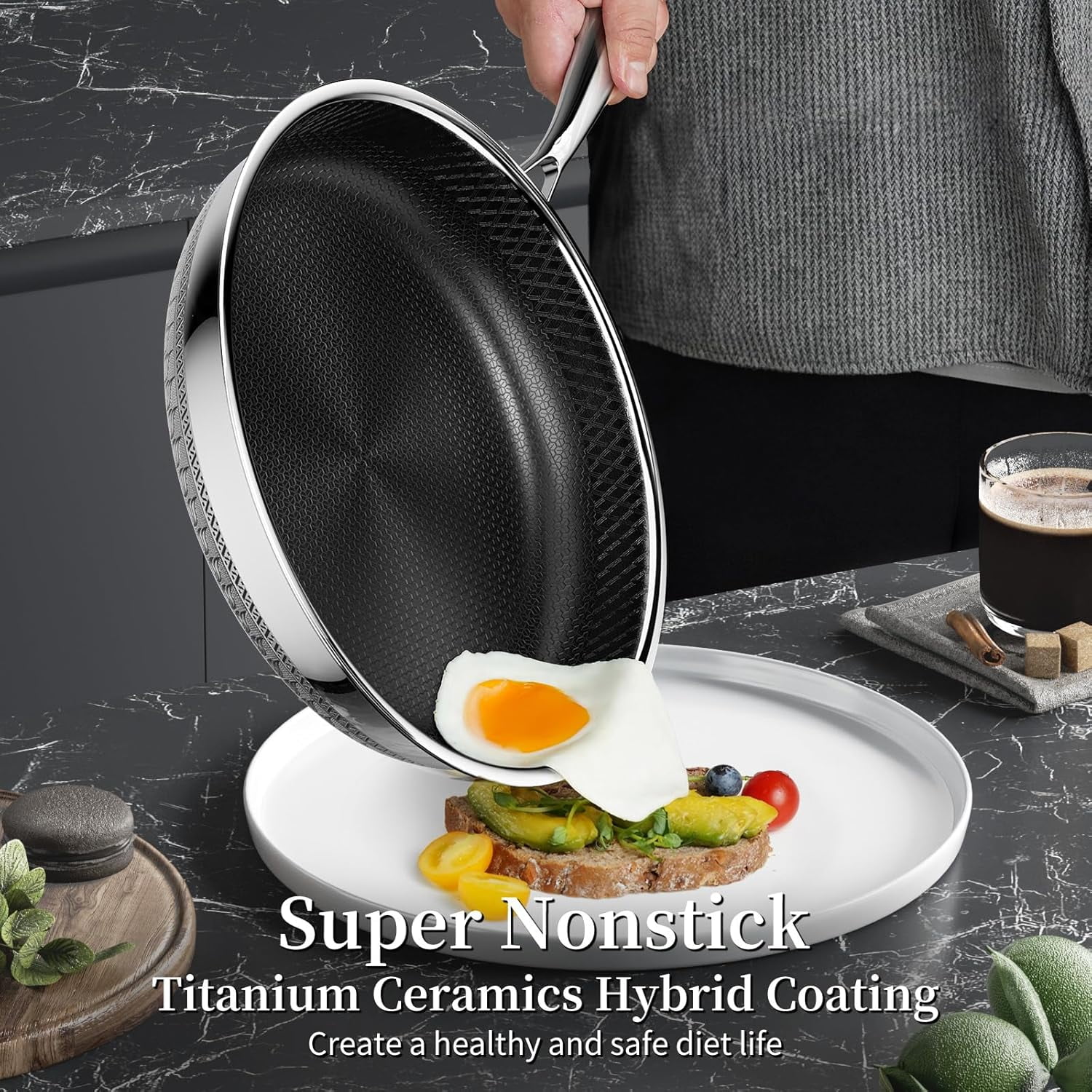10 Inch Non Stick Frying Pan with Lid, Hybrid Tri-Ply Stainless Steel ...