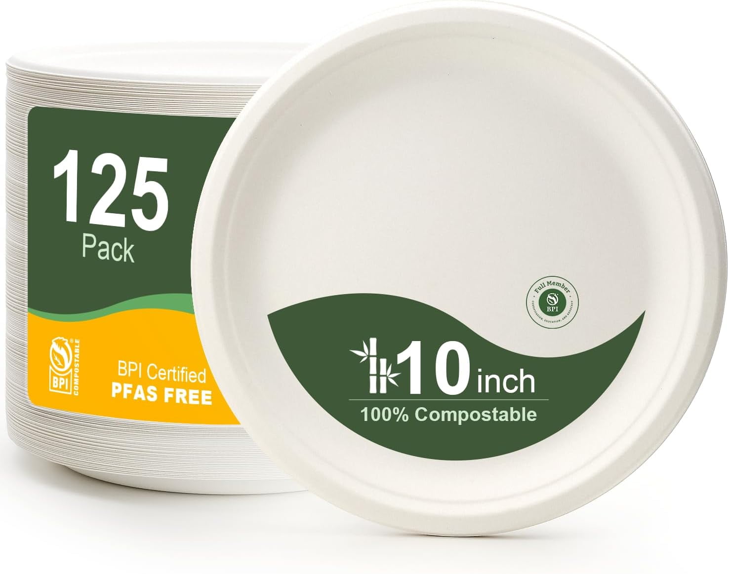 10 Inch Paper Plates, 125-Pack 100% Compostable Heavy Duty Disposable ...