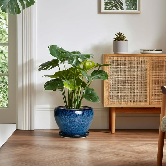 10 Inch Plant Pot - Ceramic Planter with Drainage Hole and Plant Saucer ...