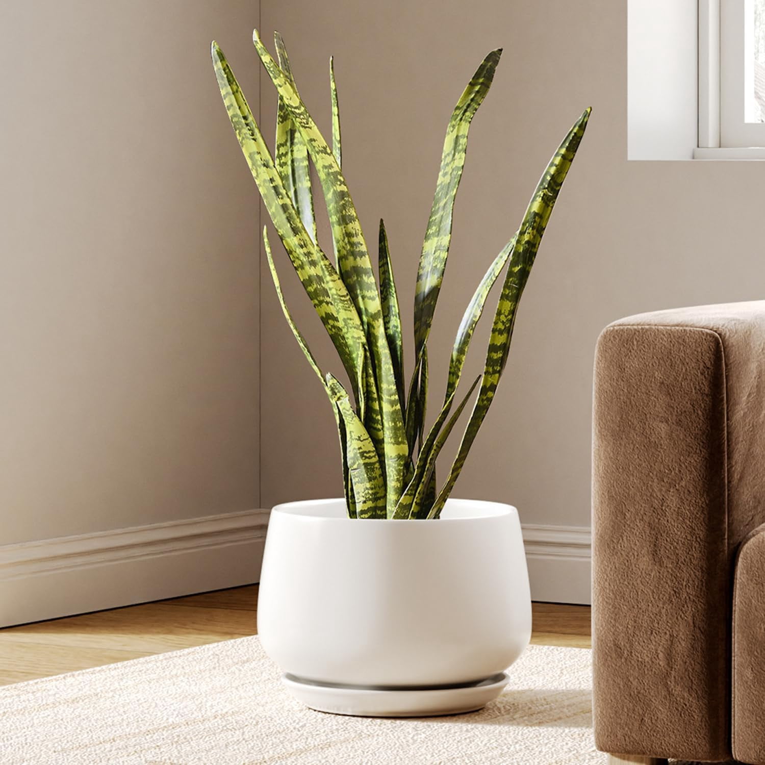10 Inch Plant Pot, Rustic Ceramic Planter with Drainage Hole and Saucer ...