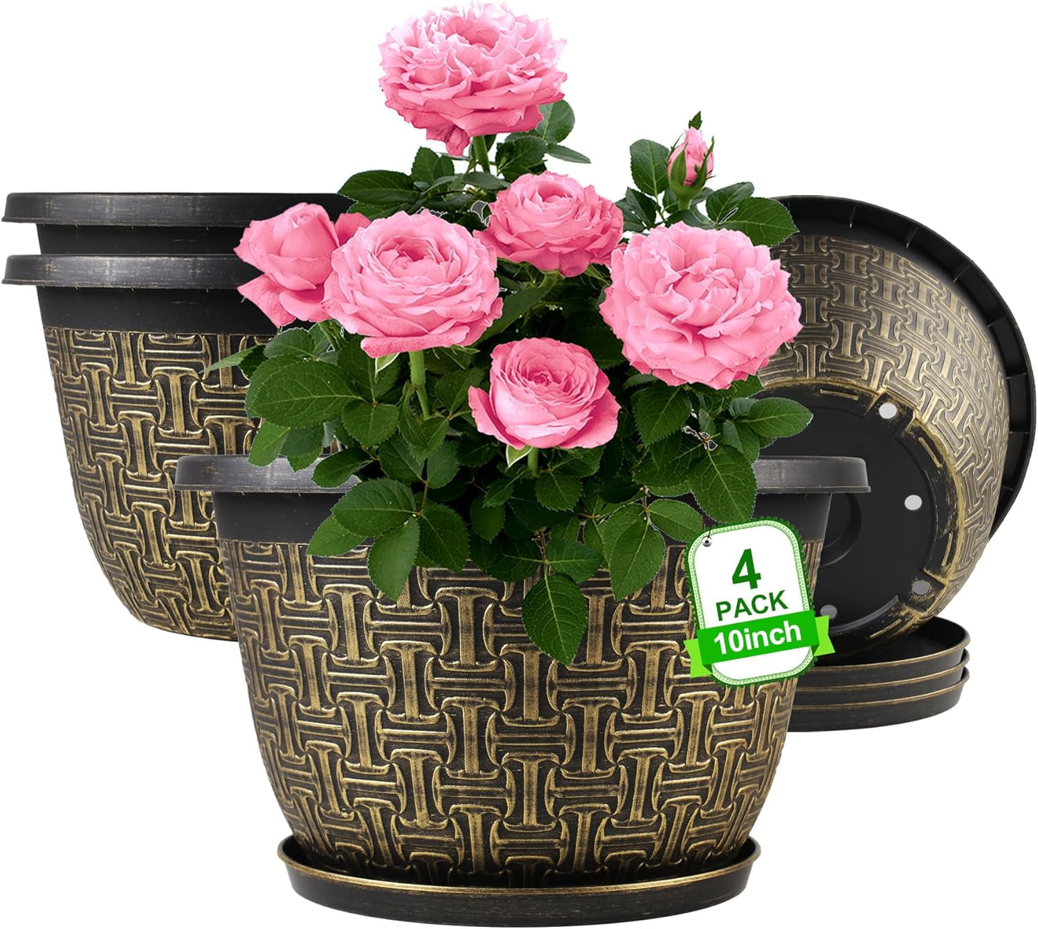 10 Inch Plant Pots, 4 Pack Flower Pots Outdoor with Drainage Holes ...