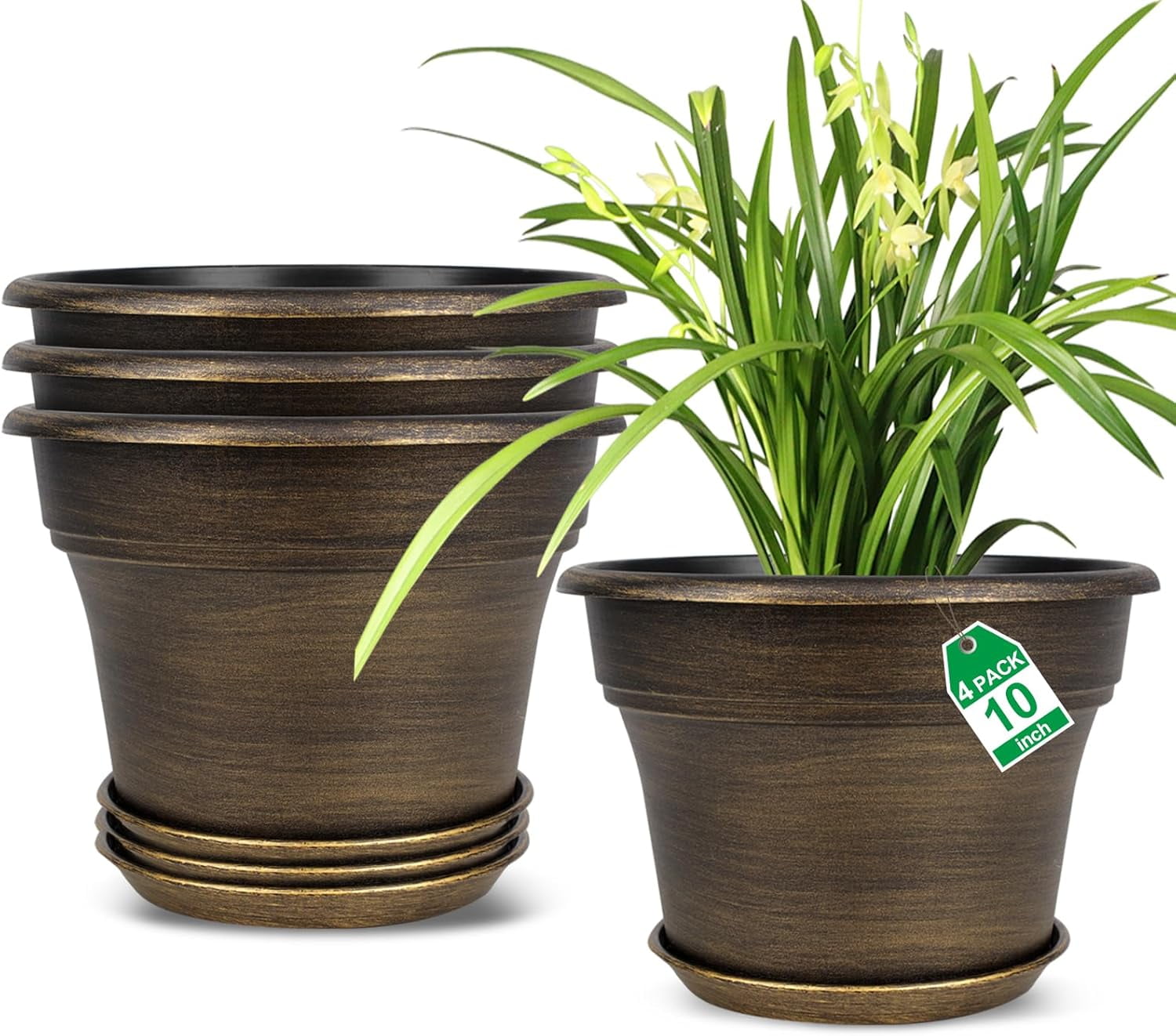 10 Inch Planters Plant Pots Indoor Outdoor, 4 Pack Plastic Flower Pot ...