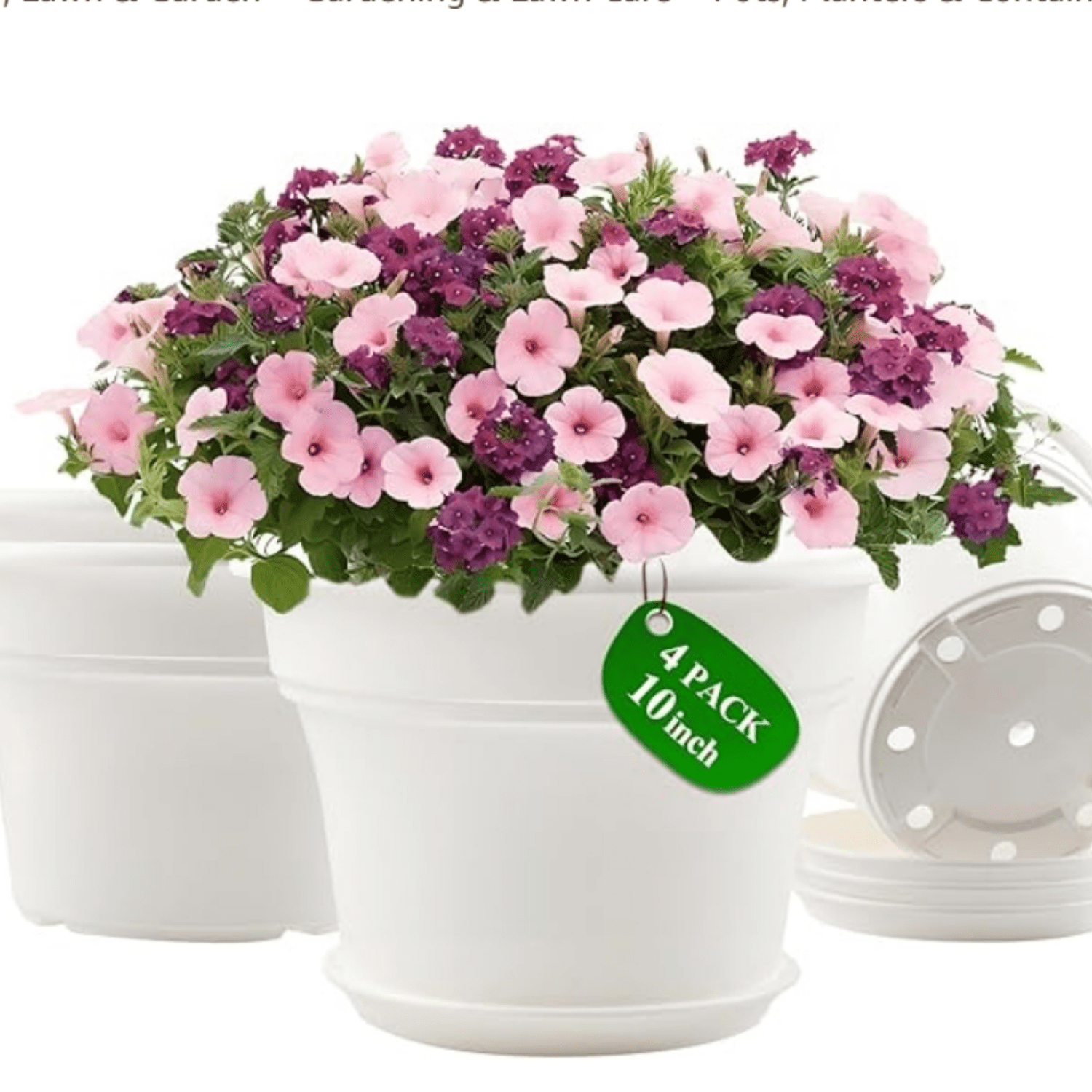 10 Inch Plastic-Flower-Pot-for-Indoor-Plants, 4 Pack Large Outdoor ...