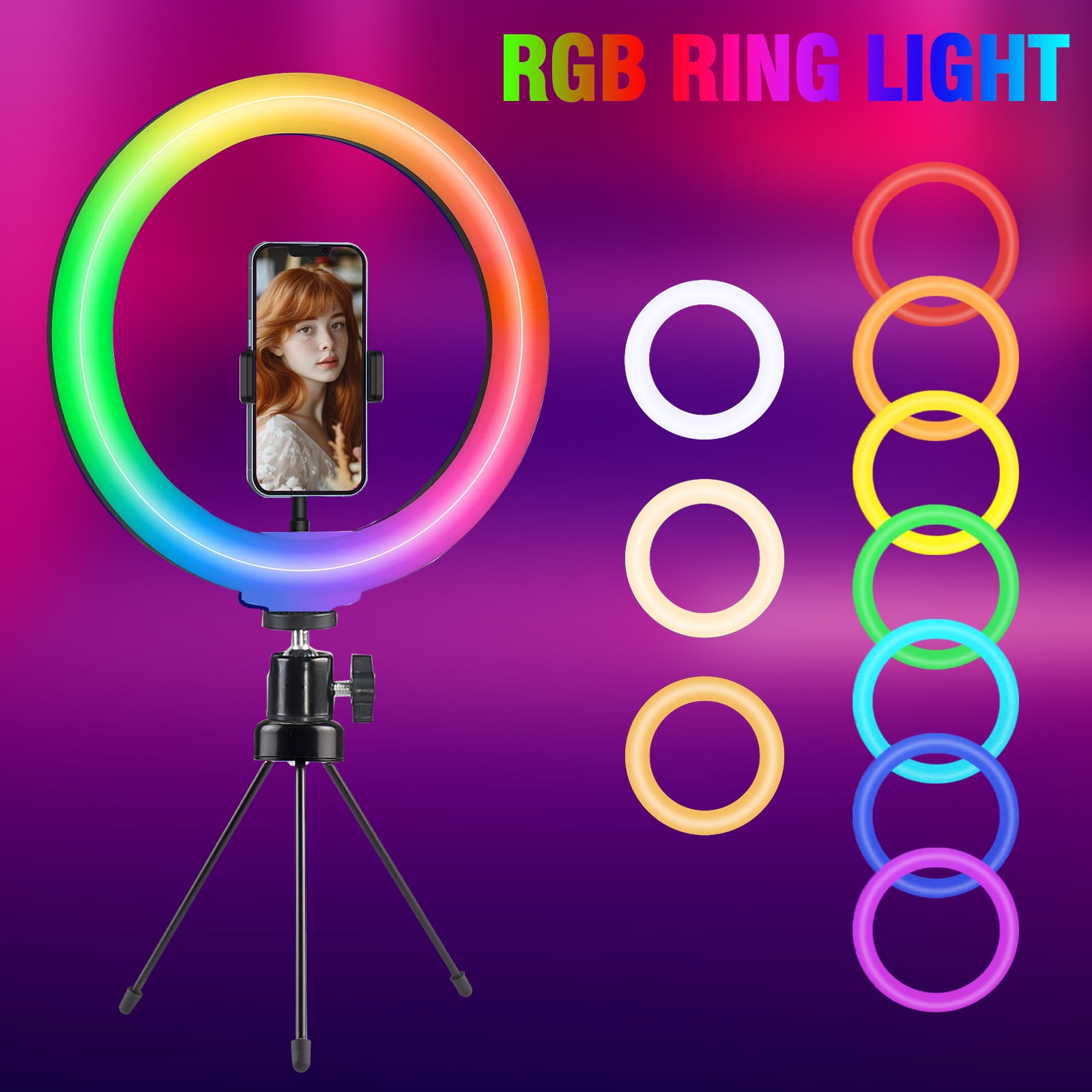 10 Inch RGB Ring Light with 3 Lighting Modes, 15 RGB Colors and 10 ...