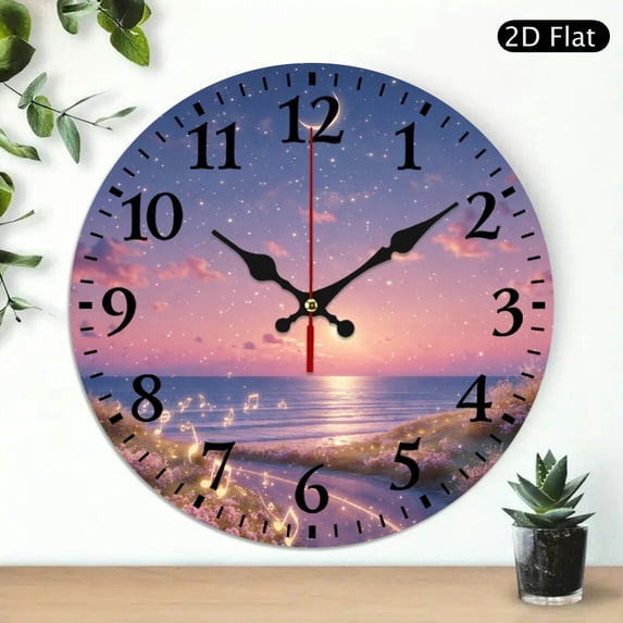 10 Inch Round Wooden Wall Clock Path of Musical Notes by the Sea Silent ...