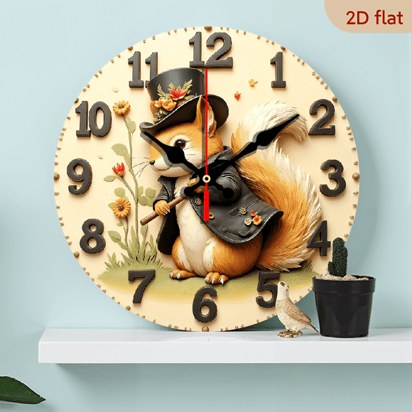 10 Inch Round Wooden Wall Clock Retro Resin Squirrel Whimsical Design ...
