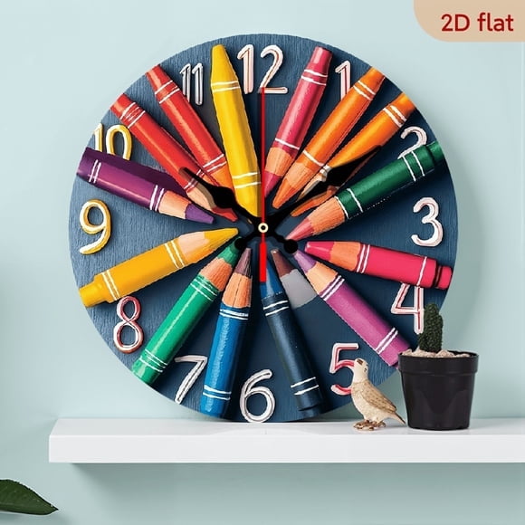 10 Inch Round Wooden Wall Clock with Colorful Pencil Themed Design ...