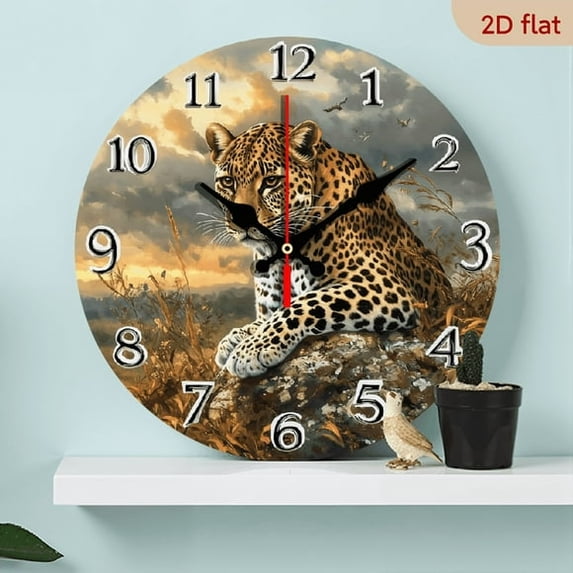 10 Inch Round Wooden Wall Clock with Leopard Theme, Silent Non-Ticking ...