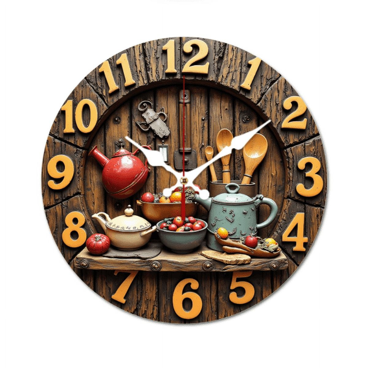 10-Inch Rustic Kitchen Wooden Wall Clock - Vintage Cooking Utensils ...