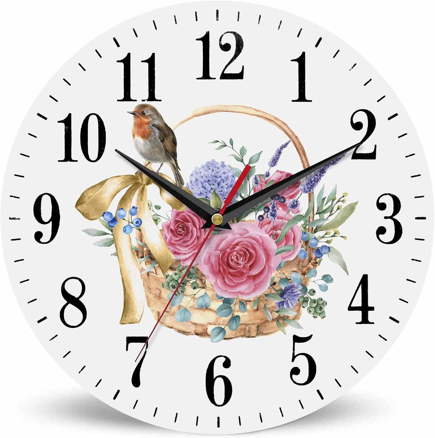 10-Inch Silent Round Wall Clock Basket Of Flowers With Robin Birds ...